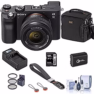 Sony Alpha 7C Mirrorless Digital Camera with FE 28-60mm f/4-5.6 Lens, Black, Bundle with Bag, 128GB SD Card, Extra Battery, Compact Charger, Wrist Strap, Filter Kit, Cleaning Kit