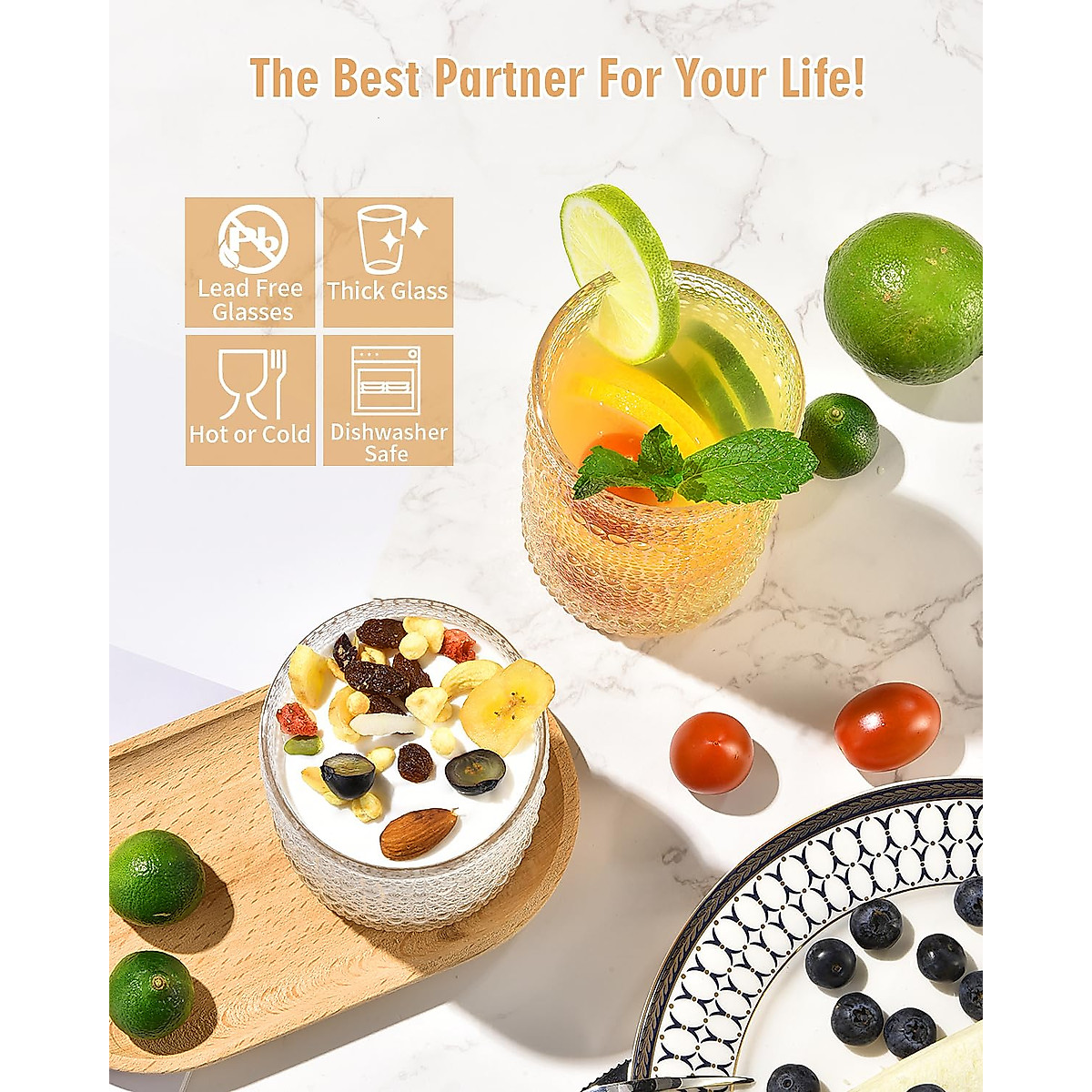 ISMASOAN Vintage Drinking Glasses Set of 8,Hobnail Glassware 14 oz and 12 oz,Bubble Glasses Drinking,Vintage Glassware,Beaded Glassware,Highball Glasses,Gift Box Set