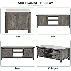 HOMFAMILIA Farmhouse Coffee Table with Sliding Barn Doors & Storage, Grey Rustic Wooden Center Rectangular Tables w/Adjustable Cabinet Shelves, for Bedroom, Home Office, Living Room