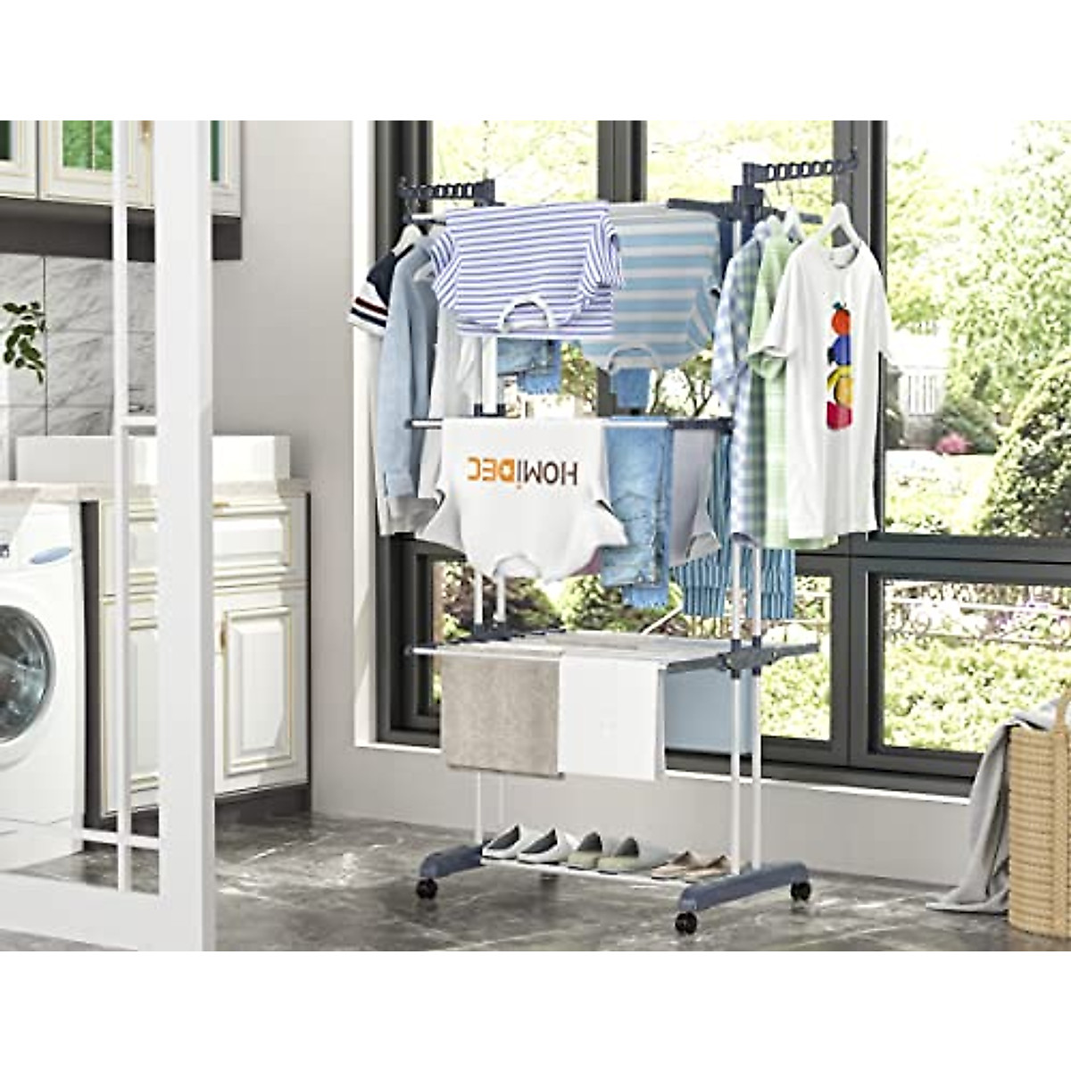 HOMIDEC Clothes Drying Rack, Oversized 4-Tier(67.7" High) Foldable Stainless Steel Drying Rack Clothing, Movable Drying Rack with 4 castors, 24 Drying Poles & 14 Hooks for Bed Linen, Clothing, Grey