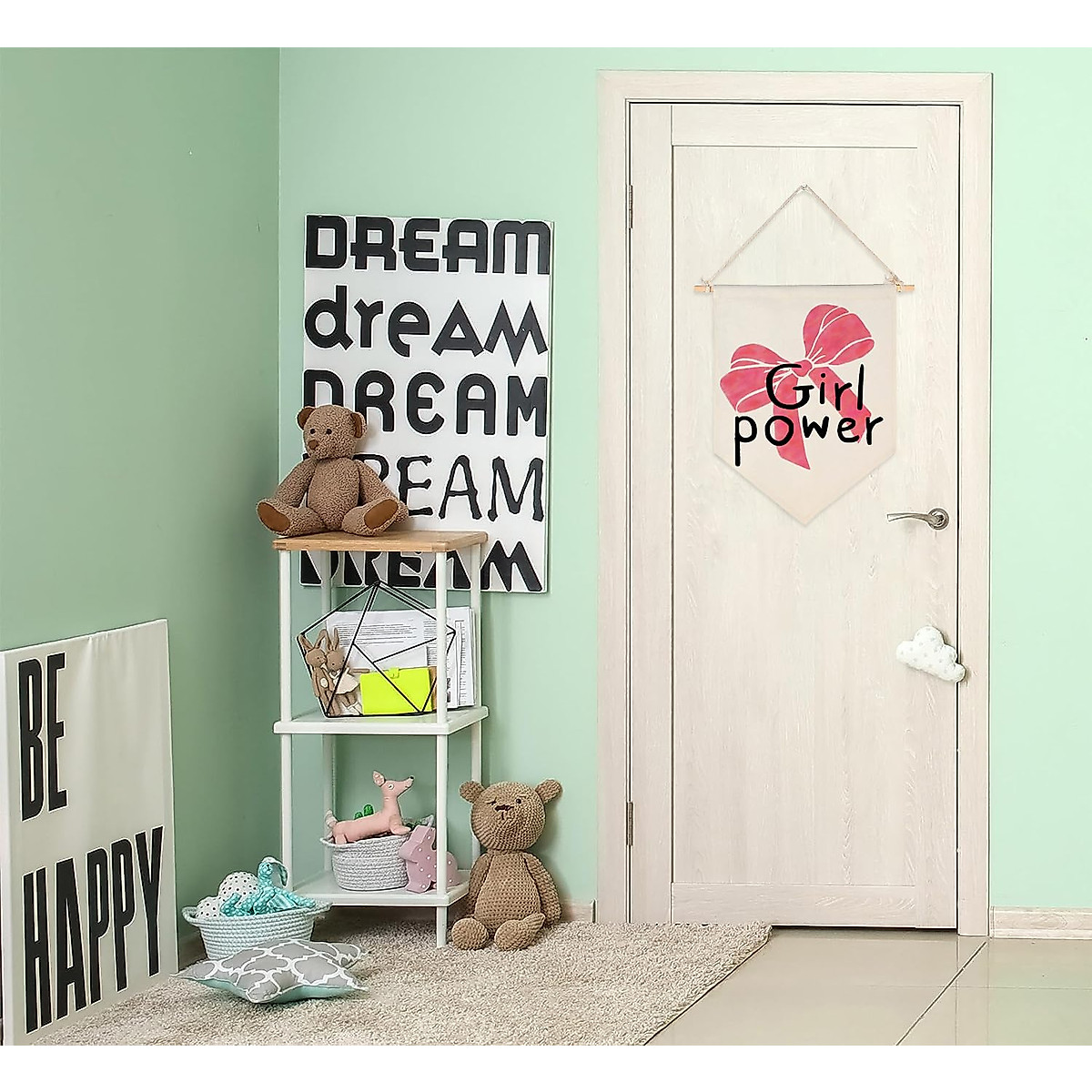 MEHOTOP Girl Power-Canvas Hanging Pennant Flag Banner Wall Sign Decor Gift for Nursery Baby Kids Girl Teen Bedroom Playroom Front Door Bowknot Play Room Wall Banners Birthday Christmas Gifts|Pink, Bow