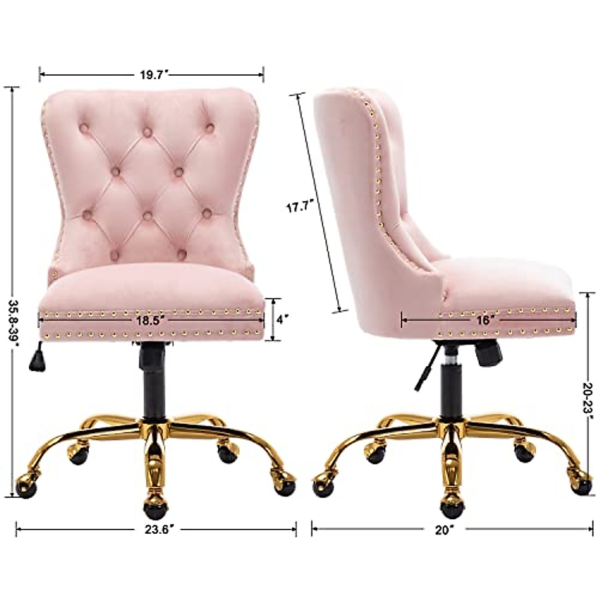 QUINJAY Velvet Home Office, Upholstered Adjustable Swivel desk chair with Gold Base, Tufted Study with Comfy High Back for Teens Study Makeup Pink