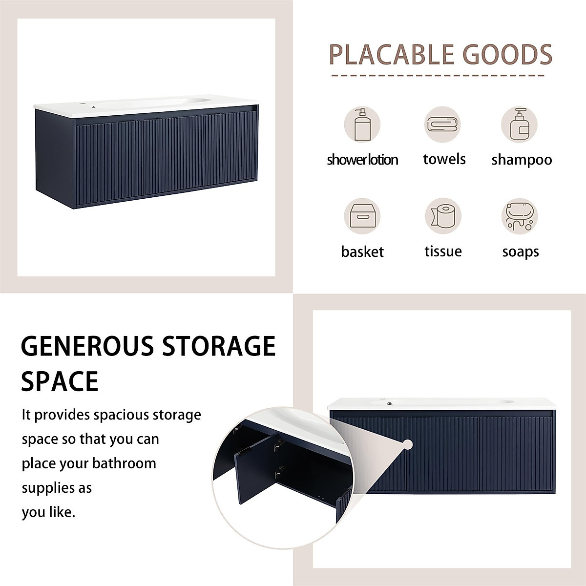 48" Wall Mount Bathroom Vanity with Drop-Shaped Resin Sink, Elegant Floating Bathroom Vanity and Sink Combo Set, Bathroom Vanities Cabinet with Doors and Hidden Handle (Blue, 48in)