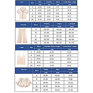 SWOMOG Womens Pajamas Satin 4 Piece Sleepwear Cami Tops And Ruffle Shorts Silk Long Pajama Pants Soft Summer Loungewear Pjs Champagne