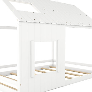Bellemave House Bed Full Size Montessori Style Floor Frame Wood Kids Cabin Beds Fun Playhouse with Roof and Window for Girls Boys Teens, White