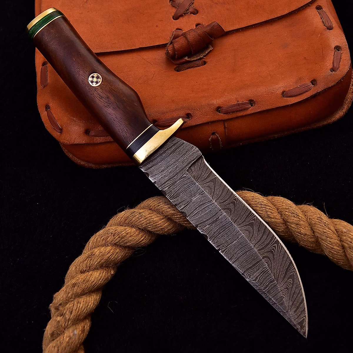 Damascus Steel Knife, Bowie Hunting Knife, Fixed Blade skinning Knife Exotic wood handle 10 inches