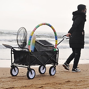 Folding Collapsible Wagon,Large Capacity Outdoor Wagons Carts Heavy Duty Foldable Utility with Big All-Terrain Wheels &2 Side Pocket for Camping,Sports, Garden Shopping Beach Cart(Black)