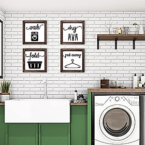 LIBWYS Laundry Sign Set of 4 Wash Dry Fold Put Away Decorative Rustic Handmade Wood Farmhouse Laundry Room Wall Decor (White)