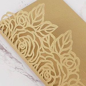 Maffily 50pcs Gold Laser Cut Wedding Invitations Card Pocket with Envelope and RSVP Cards 5x7 '' Tri-Fold Wedding Invitation Kit for Wedding Engagement Bridal Shower Birthday Quinceanera Party Invite
