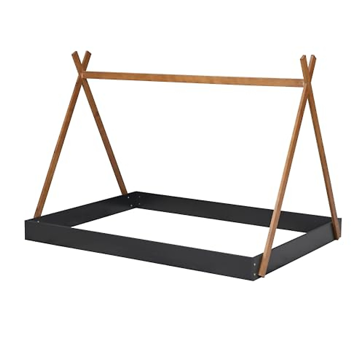 DEYOBED Full Size Tent Triangle Structure, Solid Wood Floor Bed Frame for Kids Boys Girls, No Box Spring Needed, Black+Brown