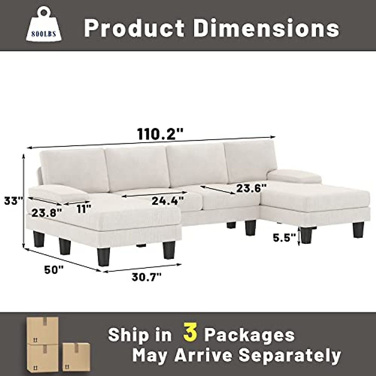 YESHOMY Convertible Sectional U-Shaped Couch with Soft Modern Cotton Chenille Fabric for Living Room, 6 Seats Oversized Sofas with Comfortable Backrest, Cream White