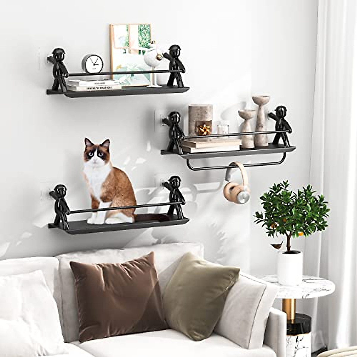 DUSASA Floating Wall Shelves for Bedroom/Bathroom, 2 Pack Metal Hanging Shelf for Living Room/Kitchen/Laundry Room, Wall Mounted Shelves with Towel Rack, Rustic Black Shelves for Wall Décor & Storage