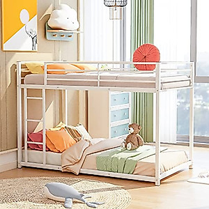 ZJIAH Metal Bunk Bed Twin Over Twin, Low Bunk Bed Frame with Ladder & Guardrail for Teens Adults Dormitory Bedroom, Heavy Duty Metal Bed Frame, Easy Assembly, No Box Spring Required, White