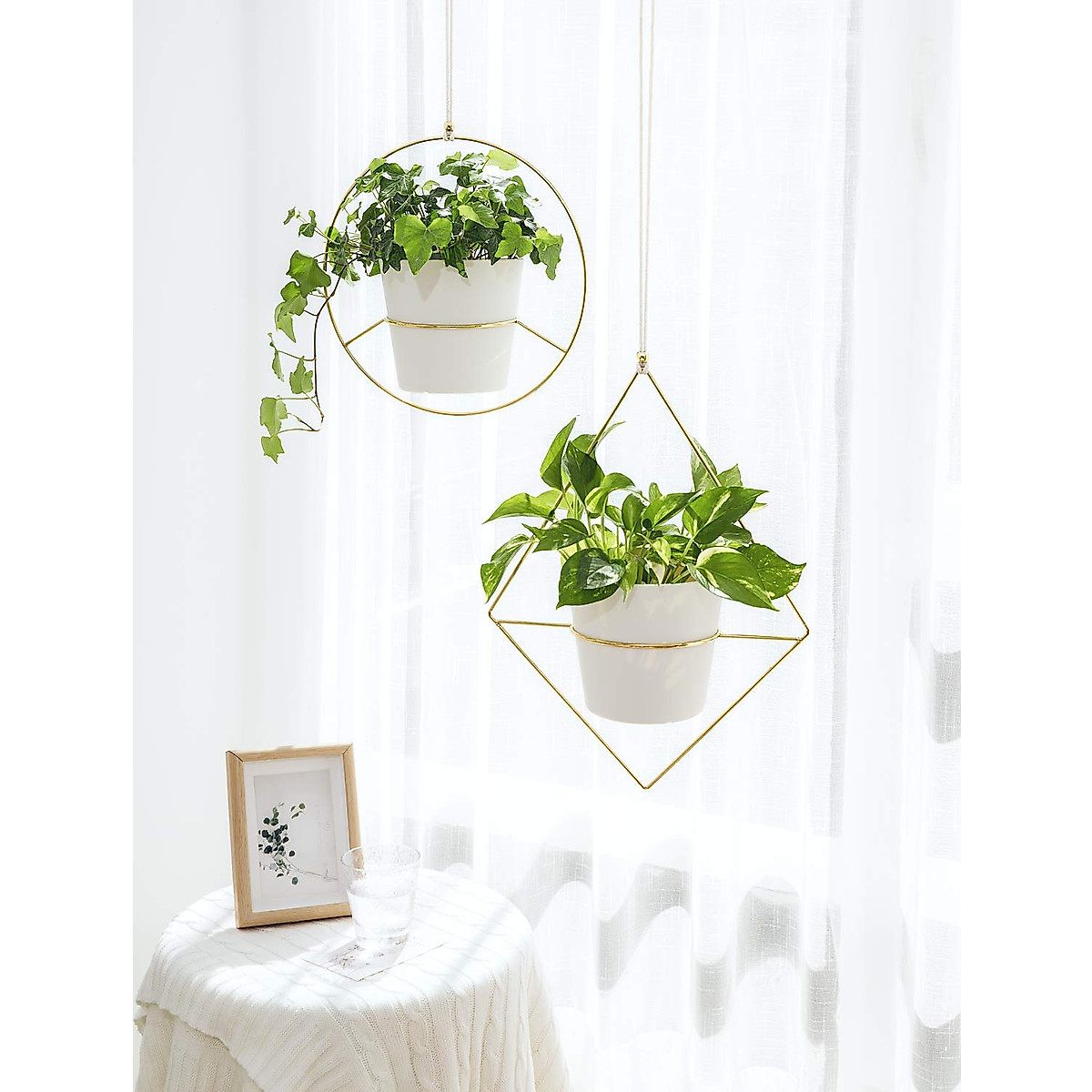 Mkono Macrame Plant Hanger Indoor 35 Inch Hanging Planter Basket Set of 2 and Boho Hanging Planter Metal Plant Hanger with Plastic Pots Fits 6 Inch Planter Set of 2