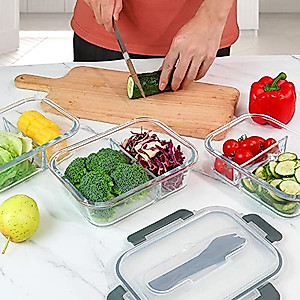 KOMUEE Glass Meal Prep Containers 2 Compartments,Glass Lunch Containers Set Glass Food Storage Containers with Lids,Glass Bento Box,Gray