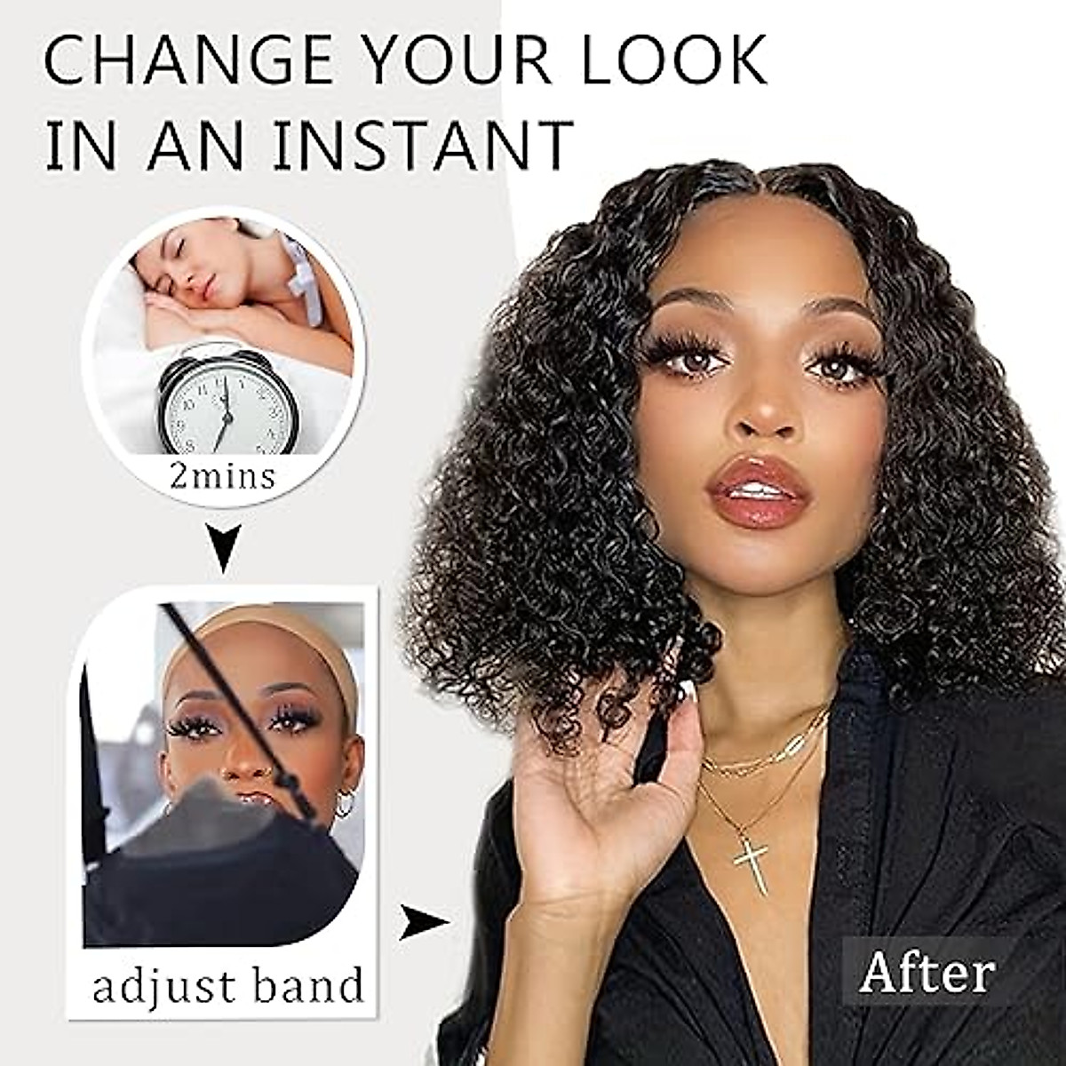 Xinjiju Ready to Go Glueless Wig Short Curly Bob Wigs for Black Women Glueless Human Hair 6x4 Glueless Bob Wig Pre Plucked Pre Cut Natural Hairline Water Wave Lace Front Wigs 200% Density 12 Inch