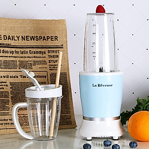 La Reveuse Personal Size Blender 250 Watts Power for Shakes Smoothies Seasonings Sauces with 1 Piece 15 oz Cup,1 Piece 10 oz Mug,BPA Free (Sky Blue)