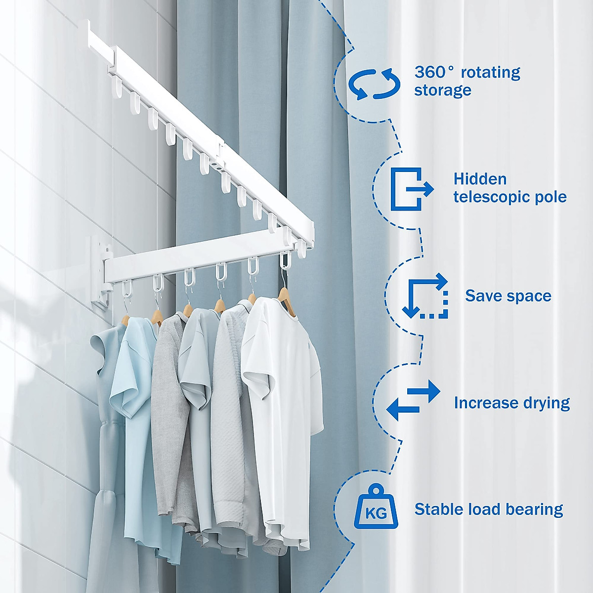 BOQORAD Wall Mounted Drying Rack,Clothes Drying Rack,Laundry Drying Rack,Collapsible Drying Racks for Laundry,Retractable Drying Rack Clothing,Clothes Dryer Rack,Clothes Hanging Rack