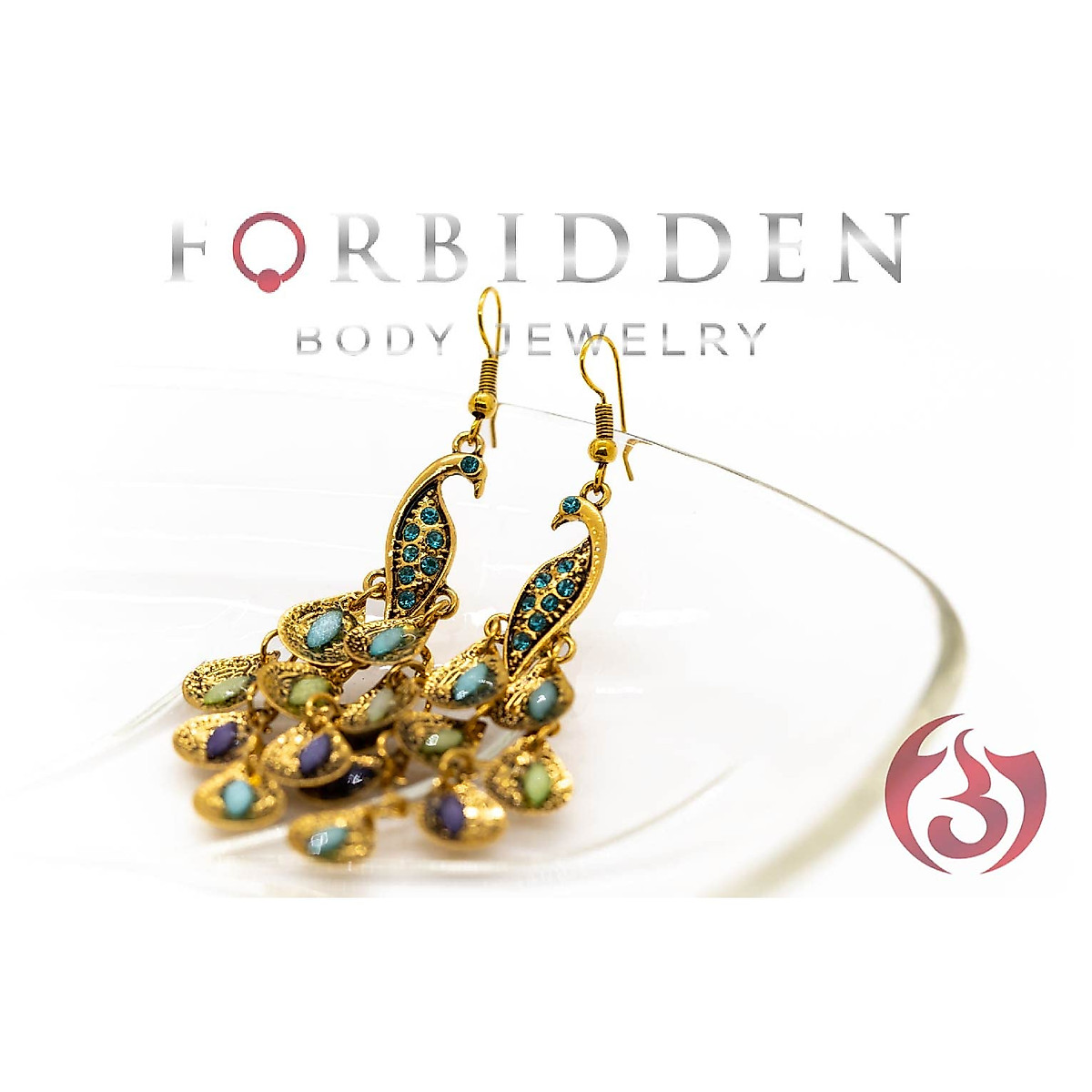 Forbidden Body Jewelry Vintage Peacock Earrings, Feather Earrings, Feather Earrings for Women, Blue Epoxy Crystal Feather Dangle Statement Earrings (Gold Tone)