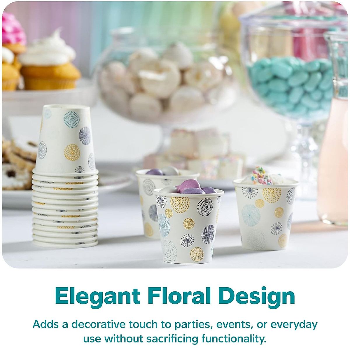 [300 Count] 3 oz. Small Paper Cups, Disposable Mini Bathroom Mouthwash Cups - Floral