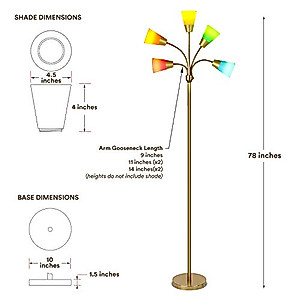 Brightech Medusa Modern LED Floor Lamp – Multi Head Dimmable Floor Lamp for Living Rooms & Offices – Tall Lamp with Interchangeable Shade, Standing Lamp with 5 LED Bulbs for Hobbies - Brass