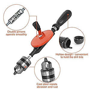 3/8 inch Hand Drill Manual Hand Crank Drill with 8Pcs Drill Bit Set, Safe Double Pinions DesignHand Drill for Wood Plastic and Metal