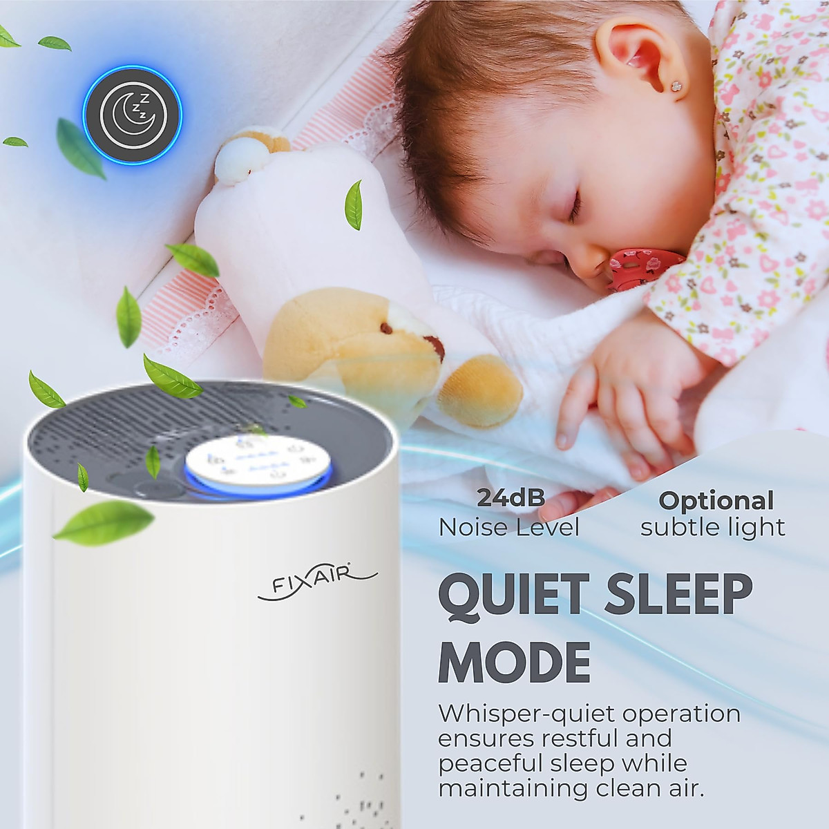 FIXAIR portable air purifier for home H13 true HEPA, air cleaner for smoke, for large room, office, bedroom, pets, odors, pollen, dander, dorm room, with essential oil diffuser and sleep mode.