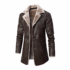 WOSJKDJ Mens Leather Jacket 3/4 Length Faux Leather Fur Coat Warm Winter Long PU Leather Jacket Lined Duster Trench Coat
