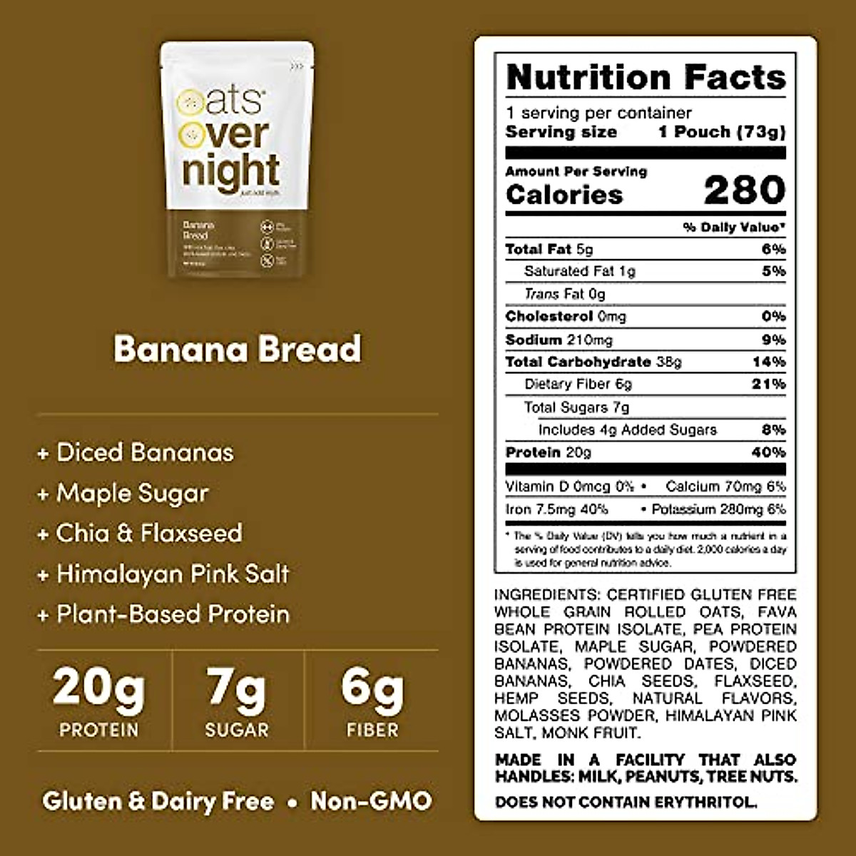 Oats Overnight - Banana Bread - Vegan, 20g Protein, High Fiber Breakfast Shake - Gluten Free, Non GMO Oatmeal (2.6 oz per meal) (8 Pack)