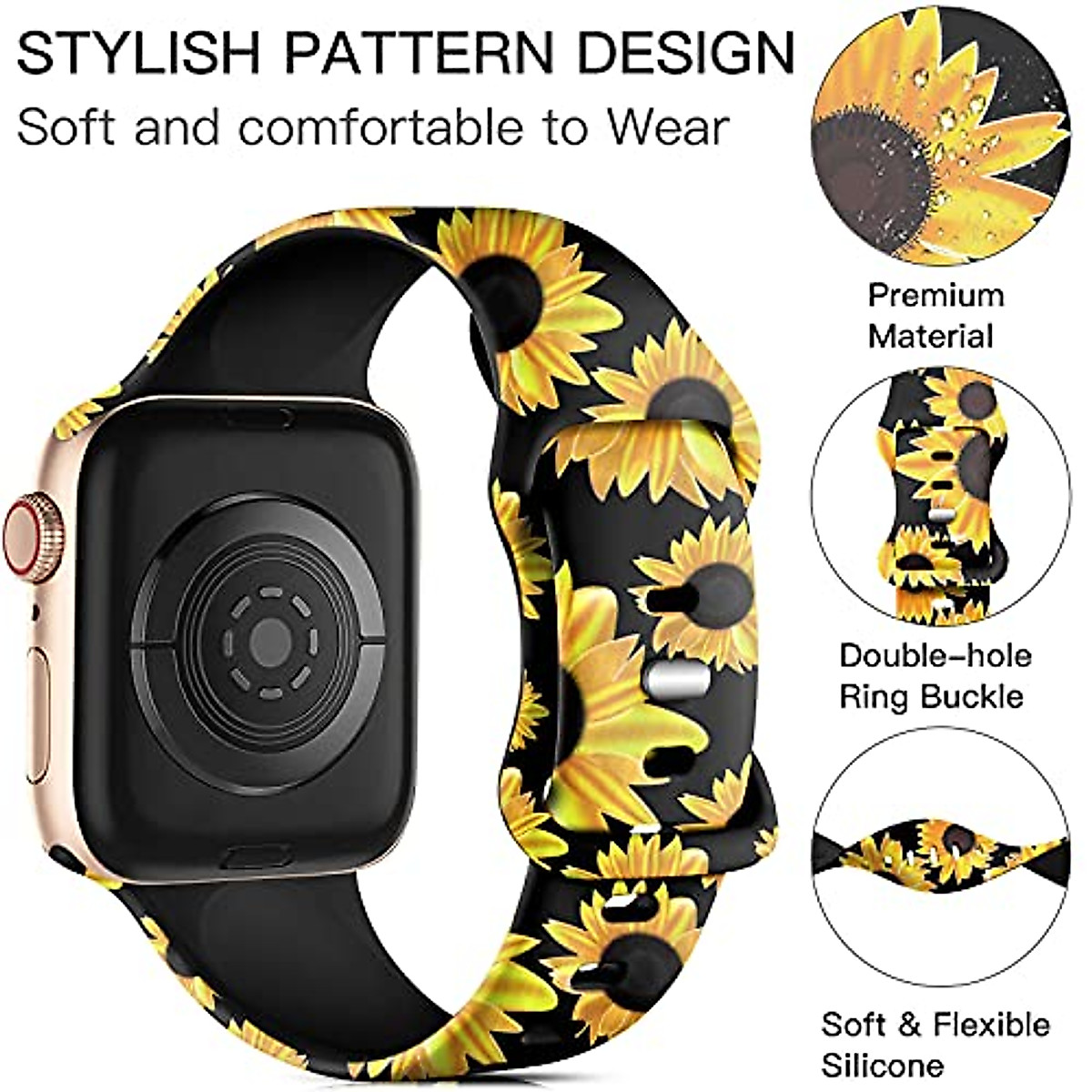 Lerobo Compatible with Apple Watch Bands 41mm 40mm 38mm Women Girls Fancy Cute Floral Silicone Printed Fadeless Pattern Replacement Sport Bands for iWatch SE Series 8 7 6 5 4 3 2 1,Black Sunflower S/M