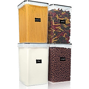 Vtopmart Extra Large Tall Airtight Food Storage Containers, 4 Pieces 5.9qt/6.5L Plastic PBA Free Kitchen Pantry Storage Containers for Spaghetti, Flour and Baking Supplies - Include 24 Labels, Black