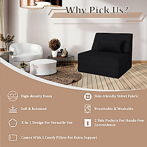 Youtanic 5 in 1 Folding Sofa Bed, Single Size Convertible Sleeper Chair with Pillow, Memory Foam Futon Couch, Velvet Fabric Washable Mattress for Living Room, Dorm, Guest, Office, Apartment, Black