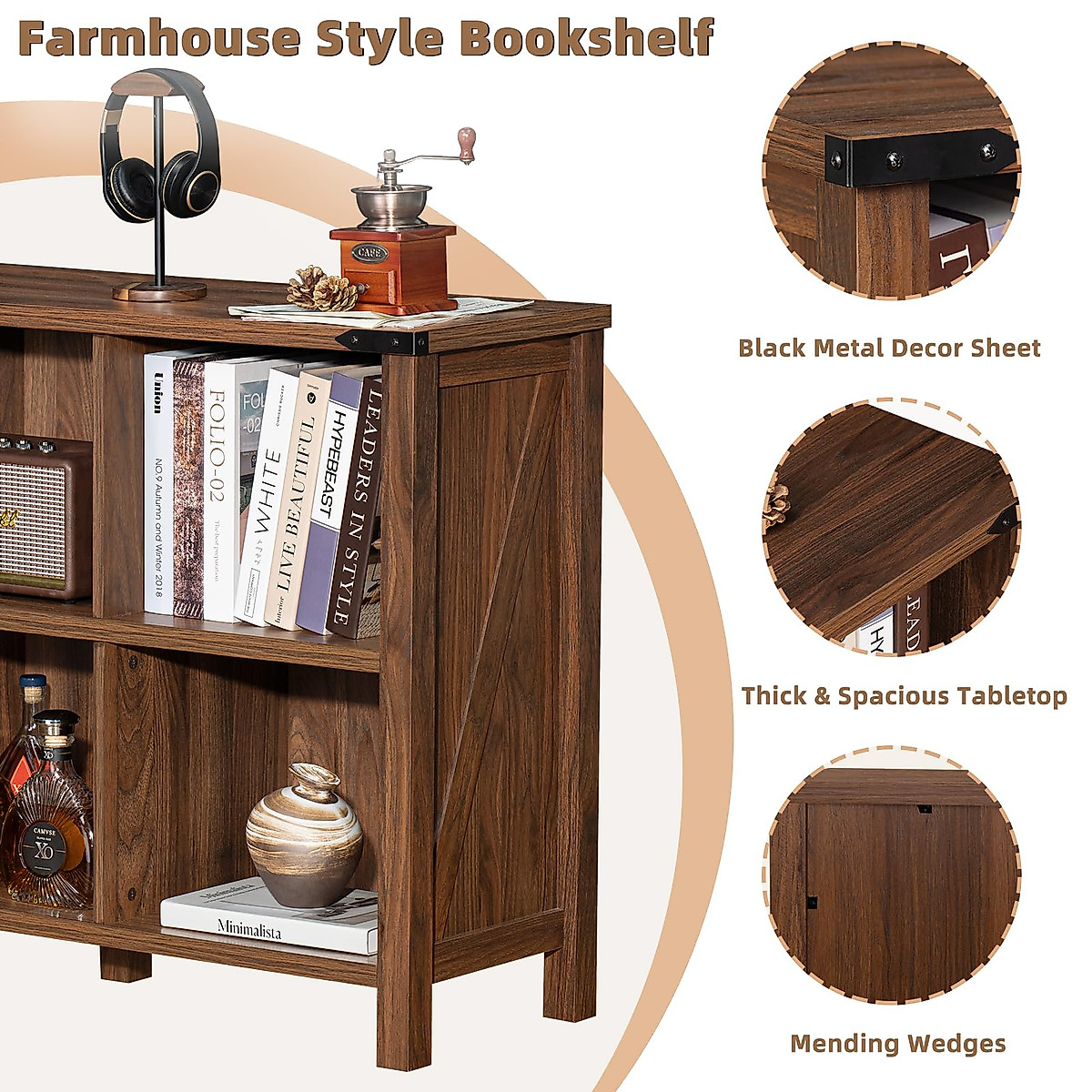 Joaxswe Farmhouse 6 Cube Book Shelf, Wood 3 Tier Storage Organizer Bookshelf, Brown Walnut 47" Horizontal Cubby Bookcase with Legs, Rustic Entryway Book Case, Long Display Cabinet for Bedroom, Office