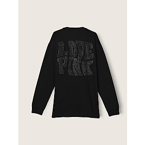 Victoria's Secret Pink Cotton Long Sleeve Campus T Shirt, Women's T Shirt, Pure Black, XL