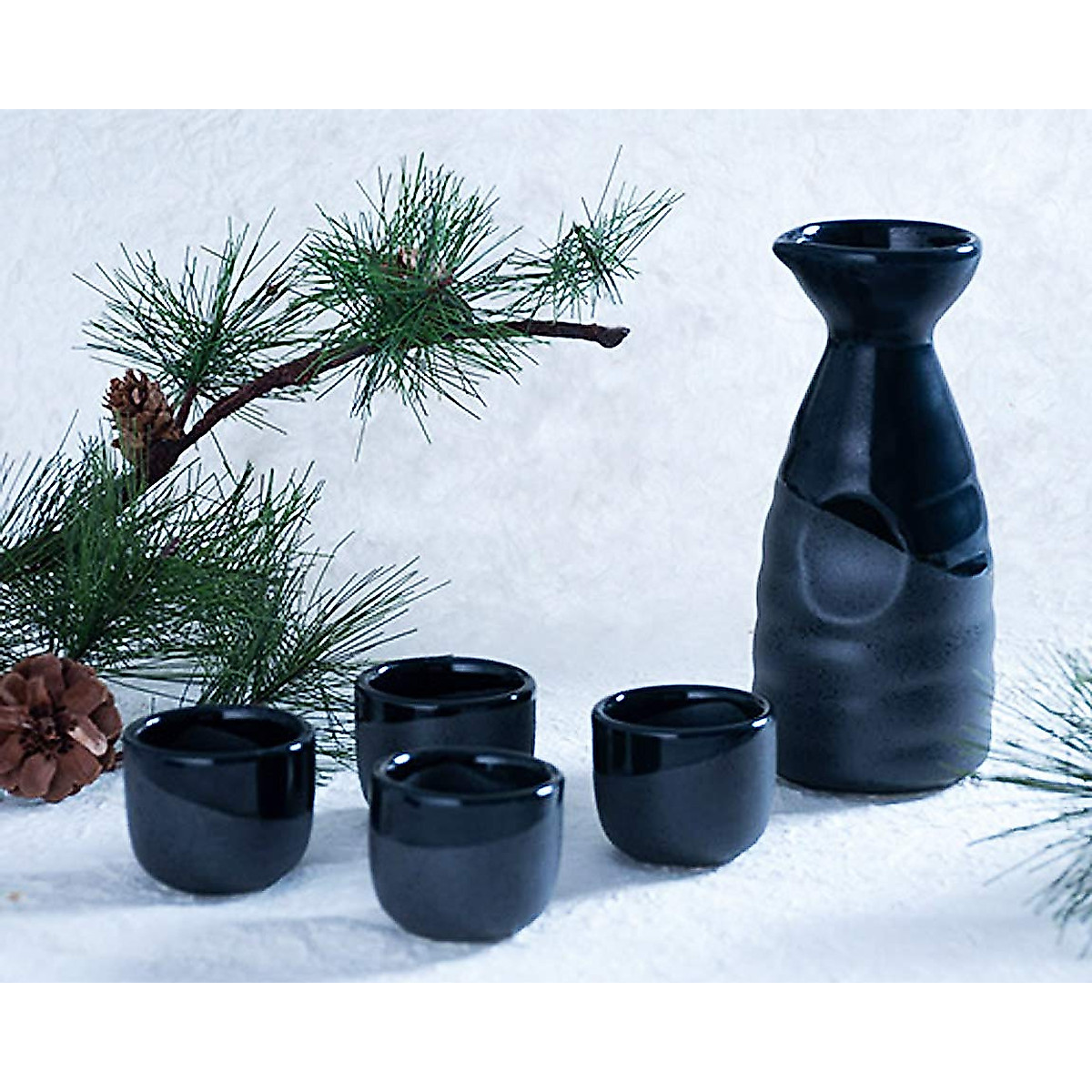 Happy Sales HSSS-BKONBK, Perfect 5 pc Japanese Design Ceramic Sake set, Black on Black