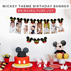 Mickey Mouse First Birthday Banners - NB to 12 Month Photo Banner with I am One High Chair Banner - First Birthday Decorations - Mickey Mouse Party Supplies - Picture Frame Banners - Clubhouse Decoration for 1st or 12th Birthday