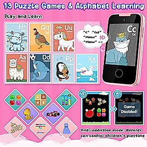 Kids Phone for Girls Aged 3-6 with Dual Camera, Touchscreen Toy Phones for Kids MP3 Music Player 13 Puzzle Games, Educational Toys Christmas Birthday Gifts for Girls Ages 3 4 5 6 7 with SD Card Pink