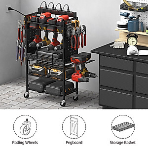 CCCEI Power Tool Organizer Cart with Charging Station, Garage Floor Rolling Storage Cart on Wheels for Mechanic, Mobile 6 Drill, Tool Box Utility Cart with Battery Charging Power Strip, Black