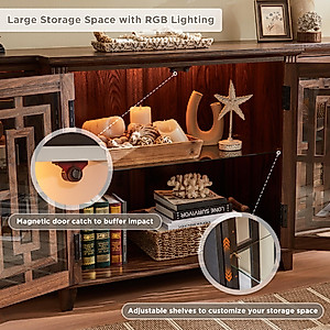 JXQTLINGMU Ultra Large 70 inch TV Stand for 80 Inch TV, LED Media Console with 3-Sides Hollow Out Glass Doors, Farmhouse Entertainment Center with Storage for Living Room, Bedroom, Brown