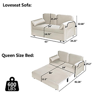 VITOVMA Queen Size Sofa Bed, 63'' Large Velvet Sleeper Loveseat with USB Ports & Phone Holder, Upholstered Sleeper Sofa Couch with Pullout Bed, Carbon Steel Frame, Pillow-top Armrest (Beige)