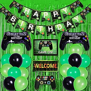 Garma Video Game Party Supplies, Gamer Birthday Decorations for Boys Including Green Black Balloons Garland Arch Kit Banner Hanging Sign Green Foil Fringe Curtains Gamepad Balloons