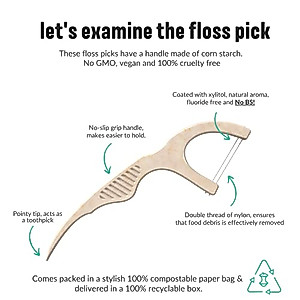 Natural Dental Floss Picks (200) - Vegan, Sustainable, Reusable Floss Sticks for Adults and Kids with Dental Pick - Plaque Remover for Teeth Cleaning - Tooth Picks Flossers - Biodegradable Floss Pick