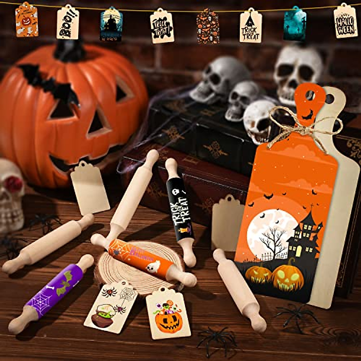 20Pcs Wooden Mini Rolling Pin for Crafts, Kids Small Dough Rolling Pin, Wood Cutting Board Chopping Board with Handle, Blank Wooden Labels with Rope for Halloween Christmas DIY Kitchen Home Decor