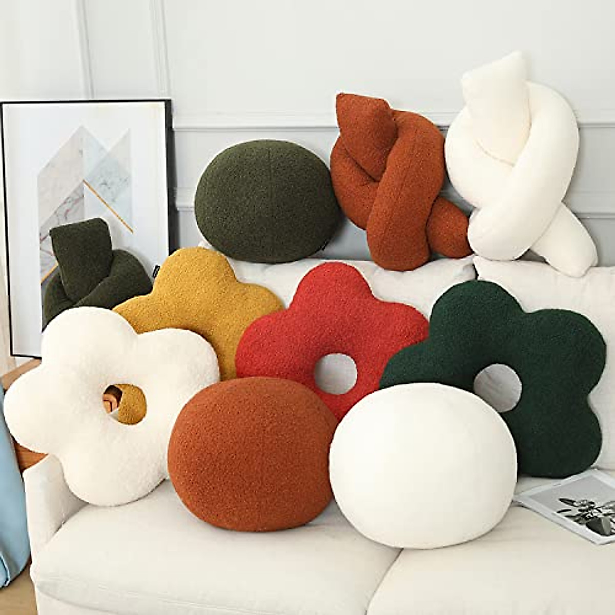 conrtems Nordic Style. Flower-Shaped and Ball Throw Pillows. Sofa Plush Cushions. (45cm (17.71inch), White Flower)