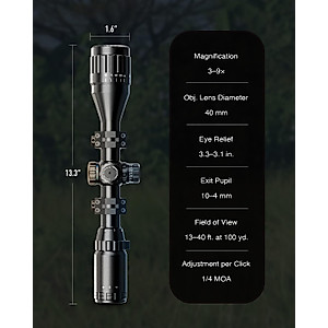 Pinty 3-9X40 Rifle Scope AO Red Green Blue Illuminated Mil Dot with Flip-Open Covers, Sunshade Tube