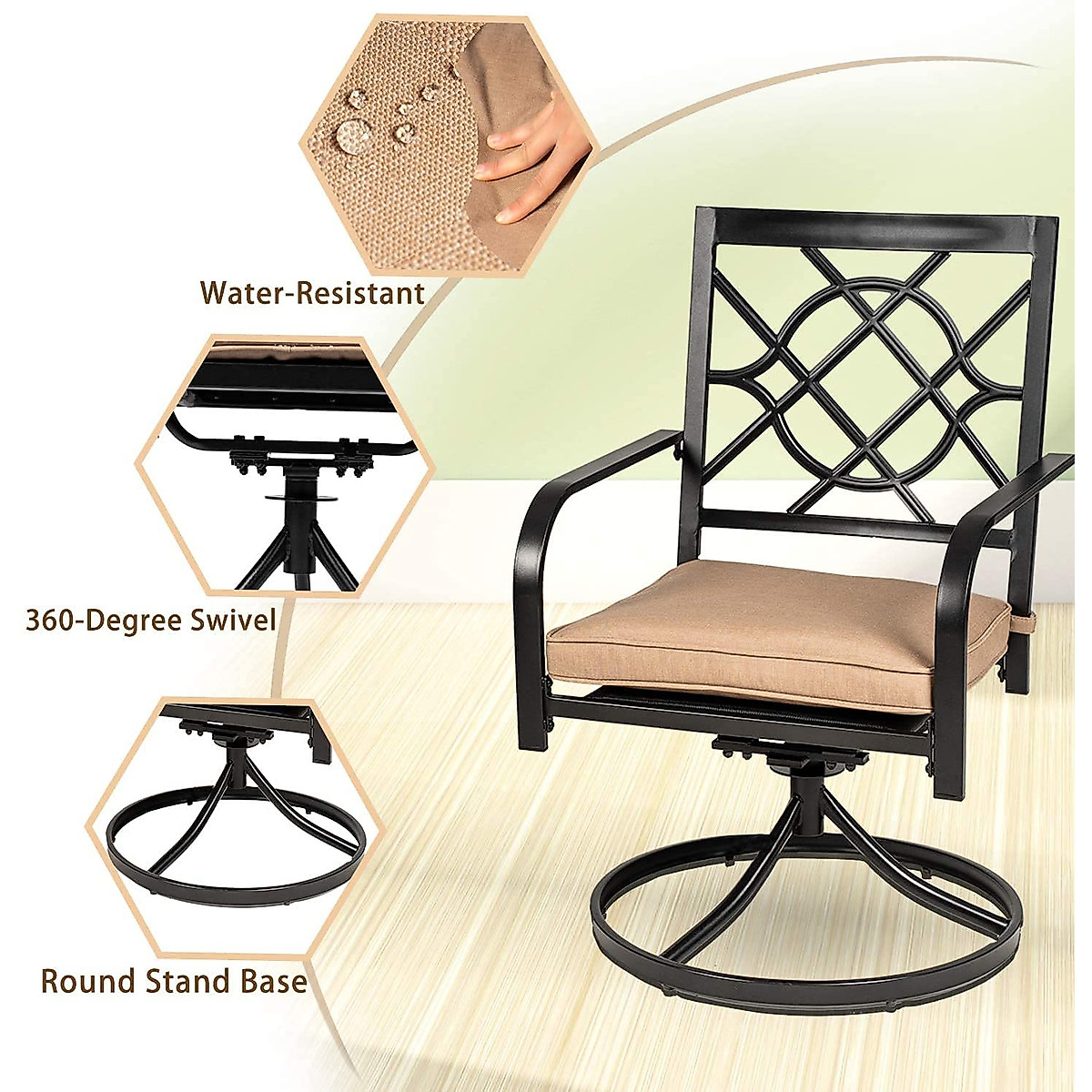 Incbruce 2 Piece 360 Degrees Swivel Metal Patio Chairs, Outdoor Dining Rocker Chairs with Armrest for Garden, Poolside, Backyard(Brown Cushions)