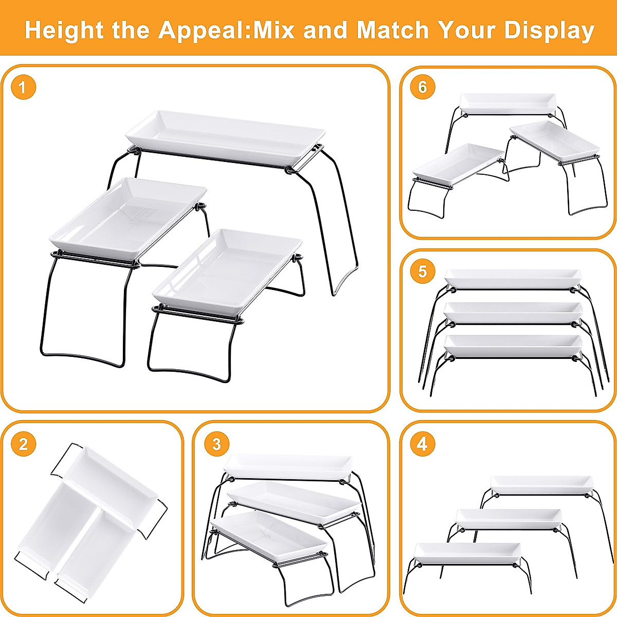 Bumusty 3-Tier Plastic Serving Tray Set, 11.5" Platters with 3 Collapsible Metal Stand Display for Cupcakes, Serving Food, Dessert, Fruit, Microwave-Safe, Black