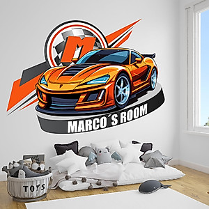 AdesiivoStudio Cars Room Decor for Boys - Race Flag Name Wall Decal - Personalized Wall Art for Boys, Baby, and Kids - Custom Name Wall Decal with Race Car Theme (Sports Car)