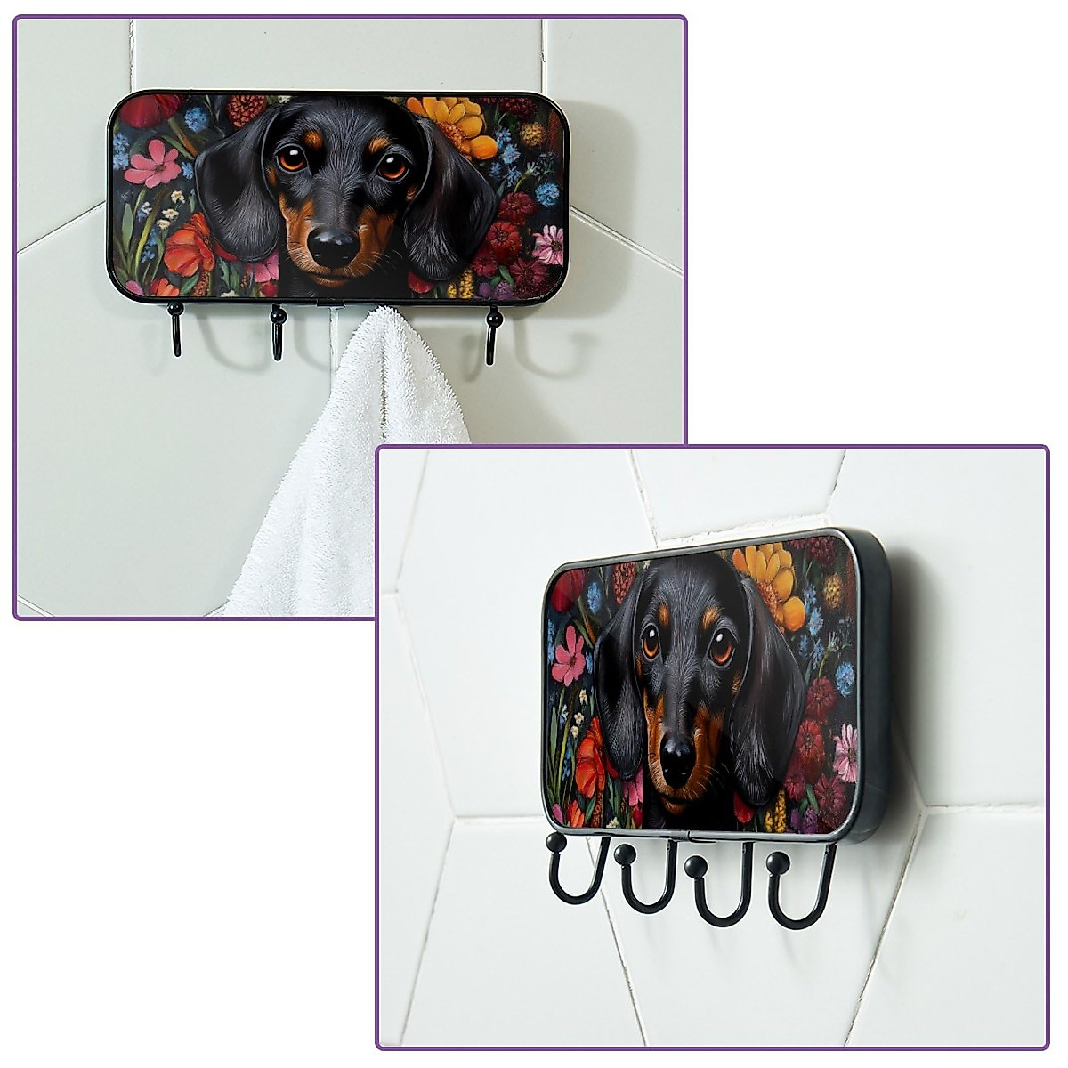 Dragon Sword Coat Rack Wall Mounted, 4 Tri Hooks for Hanging Coats,Wall Coat Hanger, Decorative Iron Hooks for Coat Hat Towel, Bathroom Kitchen (Retro Flowers Dachshund)