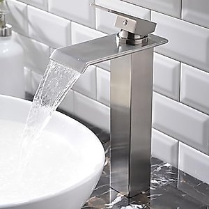 VESLA HOME Modern Single Handle Brushed Nickel Vessel Sink Faucet,Tall Wide Spout Waterfall Bathroom Faucet One Hole Above Counter Vanity Lavatory Sink Vessel Faucet